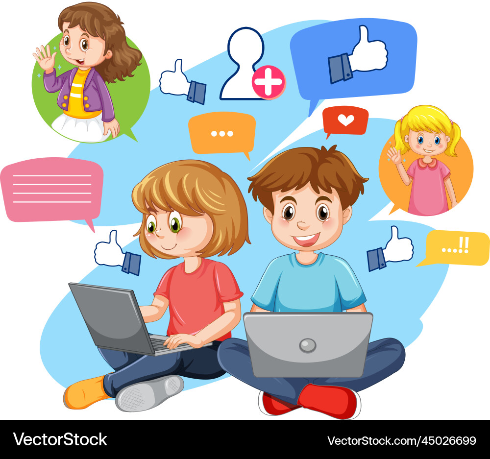 Children using laptop for online learning Vector Image