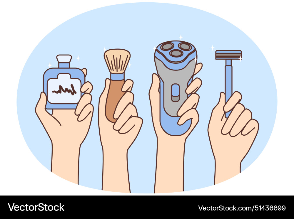 Hands holding different tools for shaving Vector Image