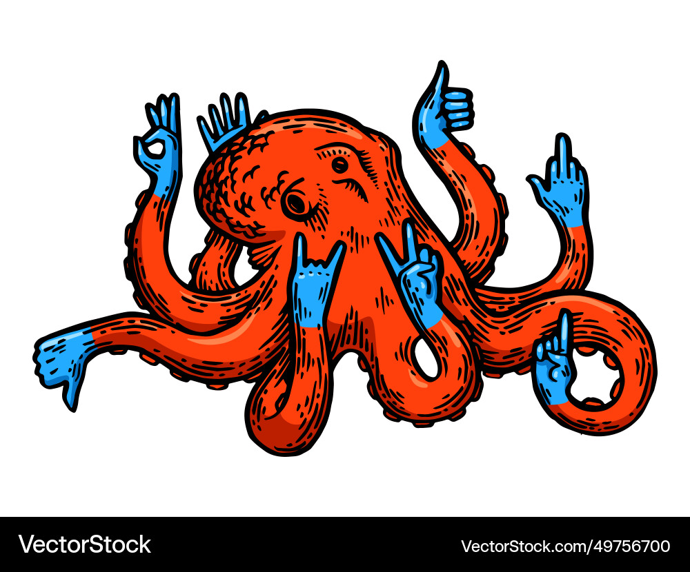 Octopus animal with human hands engraving Vector Image
