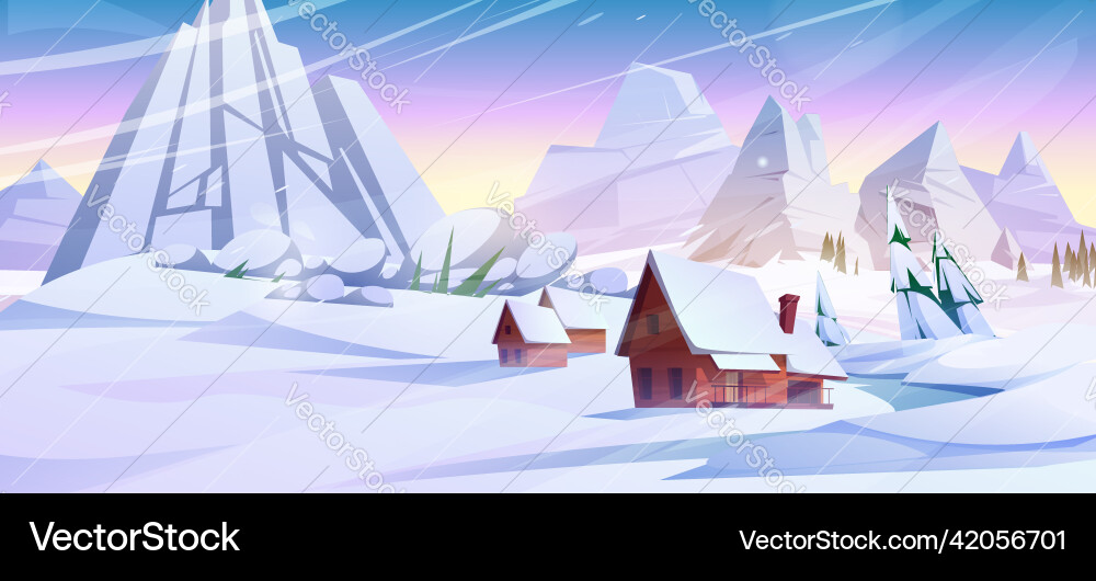Winter mountain landscape houses under snowslide Vector Image