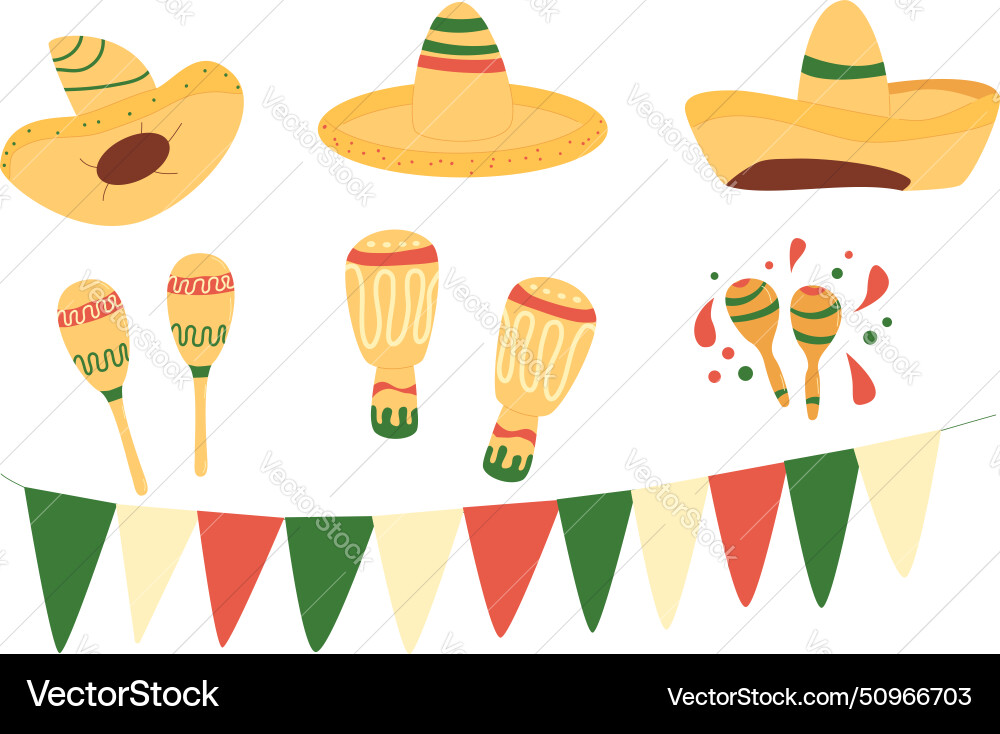 Cinco de mayo elements set sombrero maracas flag Vector Image
