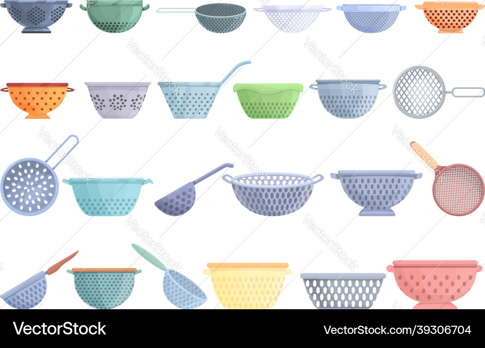 Colander icons set cartoon cook accessory Vector Image