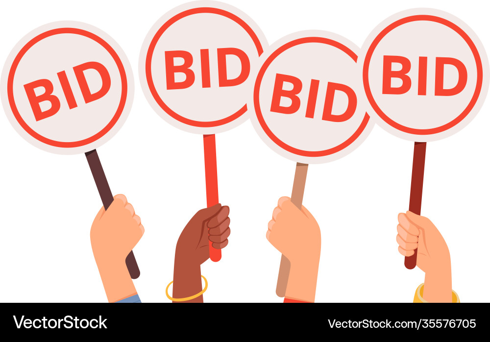 Bidding process auction paddles flat hand Vector Image