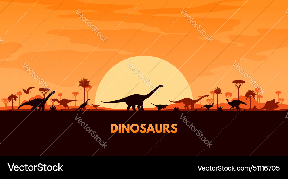Jurassic era landscape with dinosaur silhouettes Vector Image