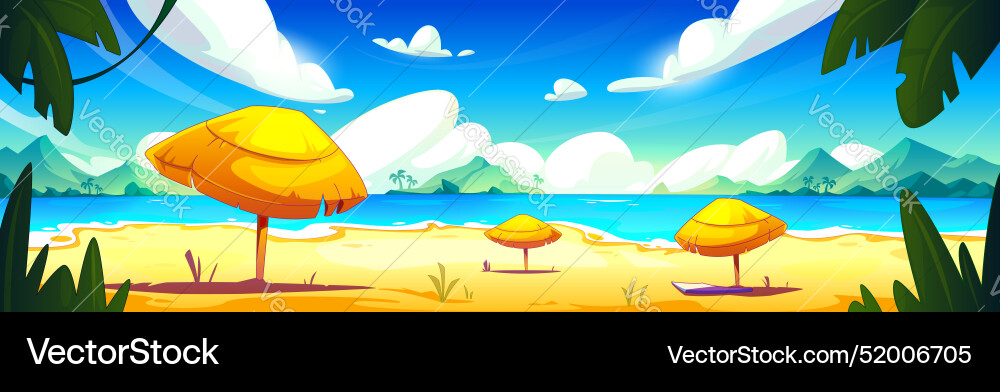 Tropical lagoon beach with straw umbrella Vector Image