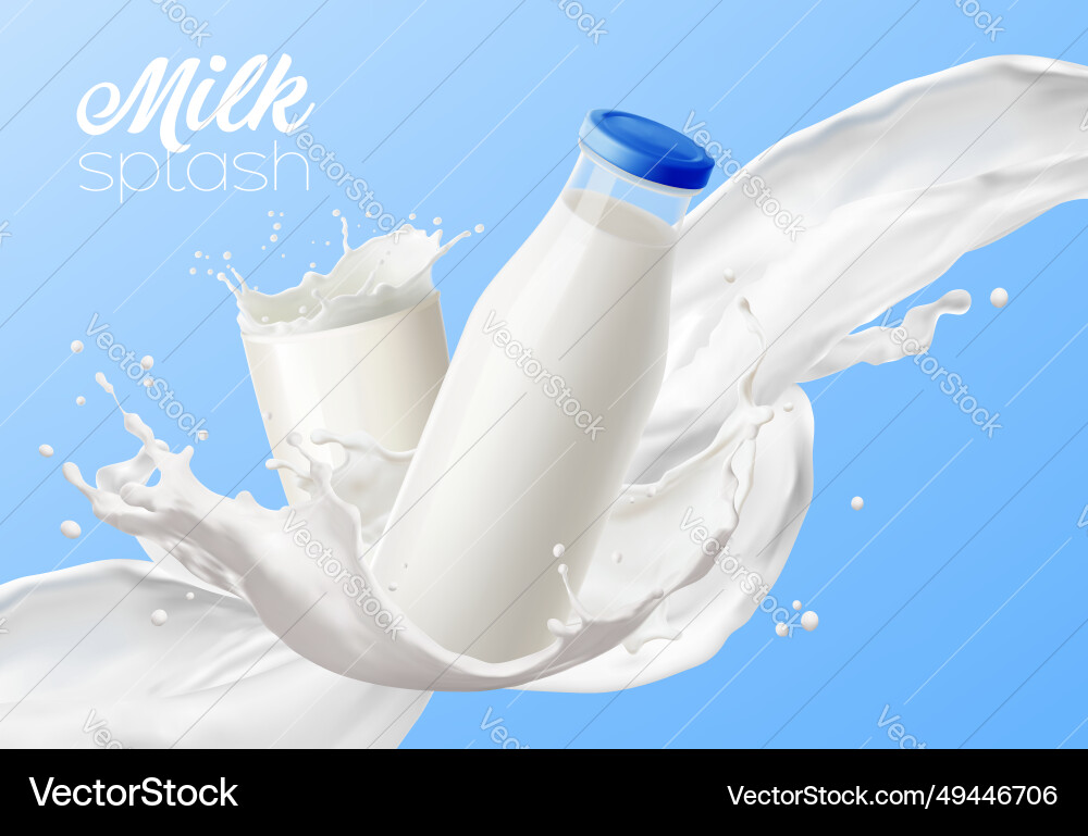 Milk bottle with wave flow splash realistic glass Vector Image