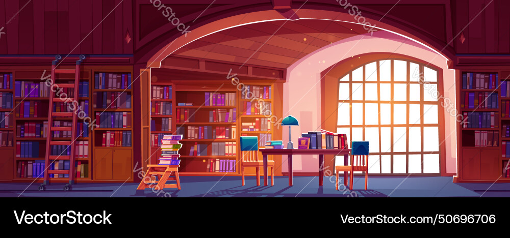 Public library with many books on shelves Vector Image