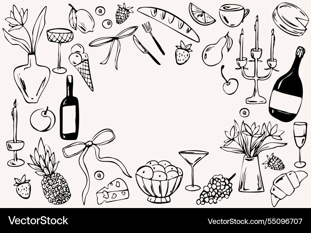 Hand drawn dinner frame with food drinks Vector Image