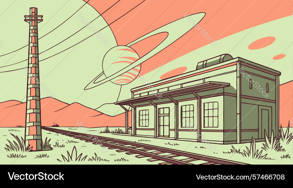 Klassischer Bahnhof mit hohem Turm im ländlichen Vektorbild