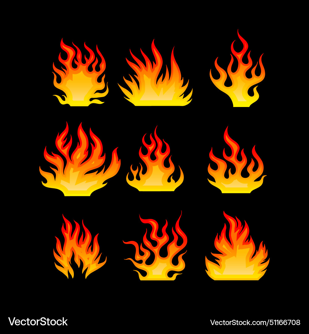 Fire flames set icons Royalty Free Vector Image