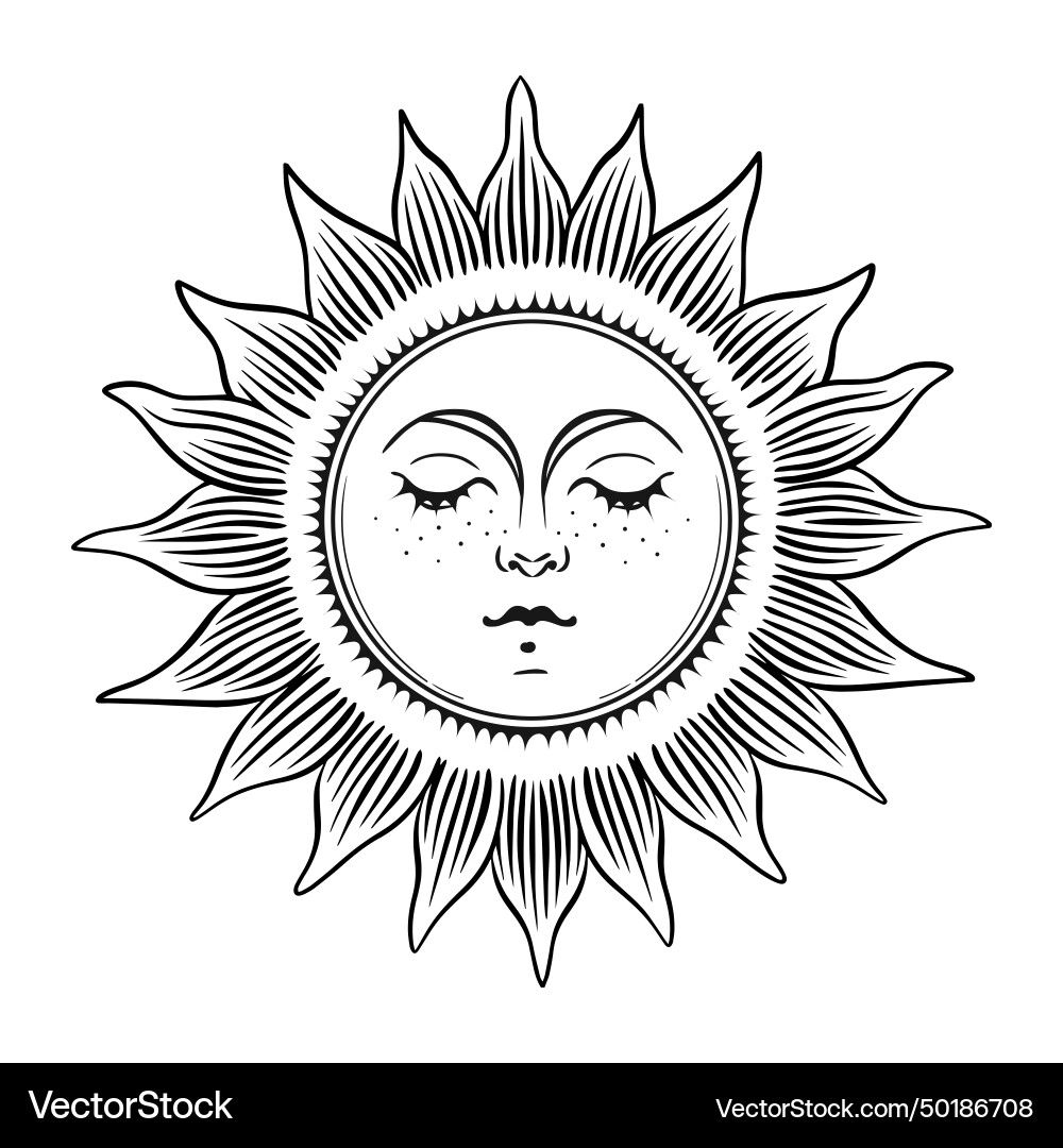 Mystical sun with face and wavy rays celestial Vector Image