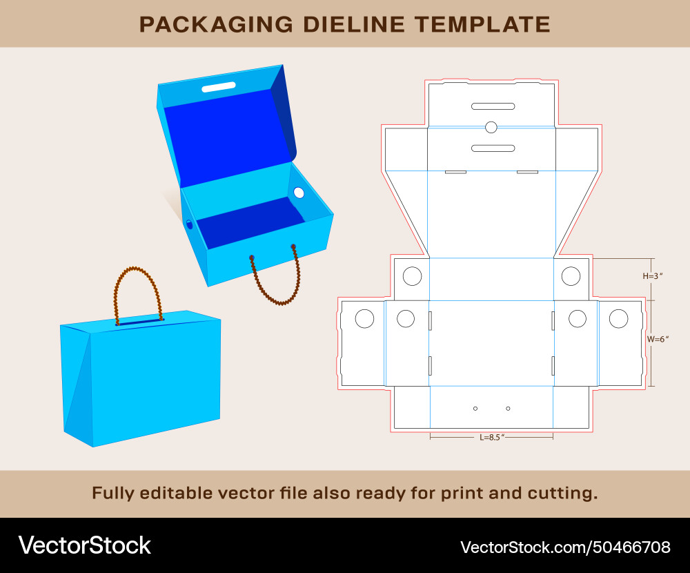 Rope handle shoe box dieline template of mini Vector Image