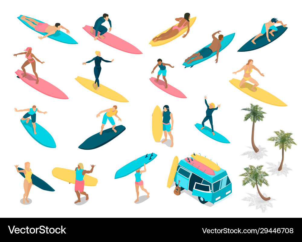 Surfing isometric set Royalty Free Vector Image