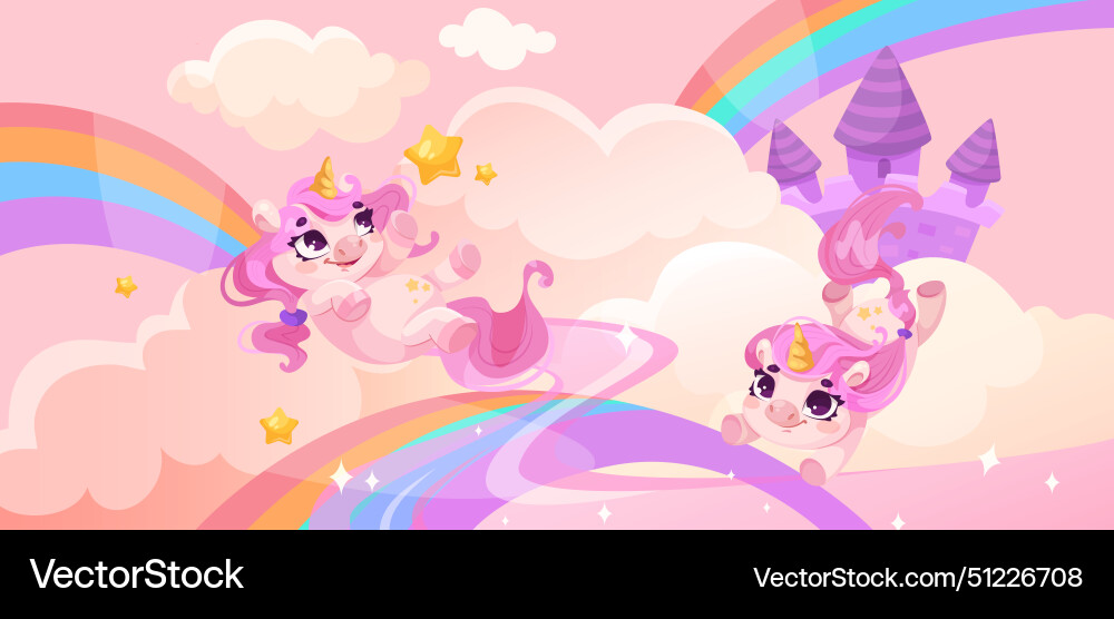 Two cartoon unicorns playing on clouds Royalty Free Vector