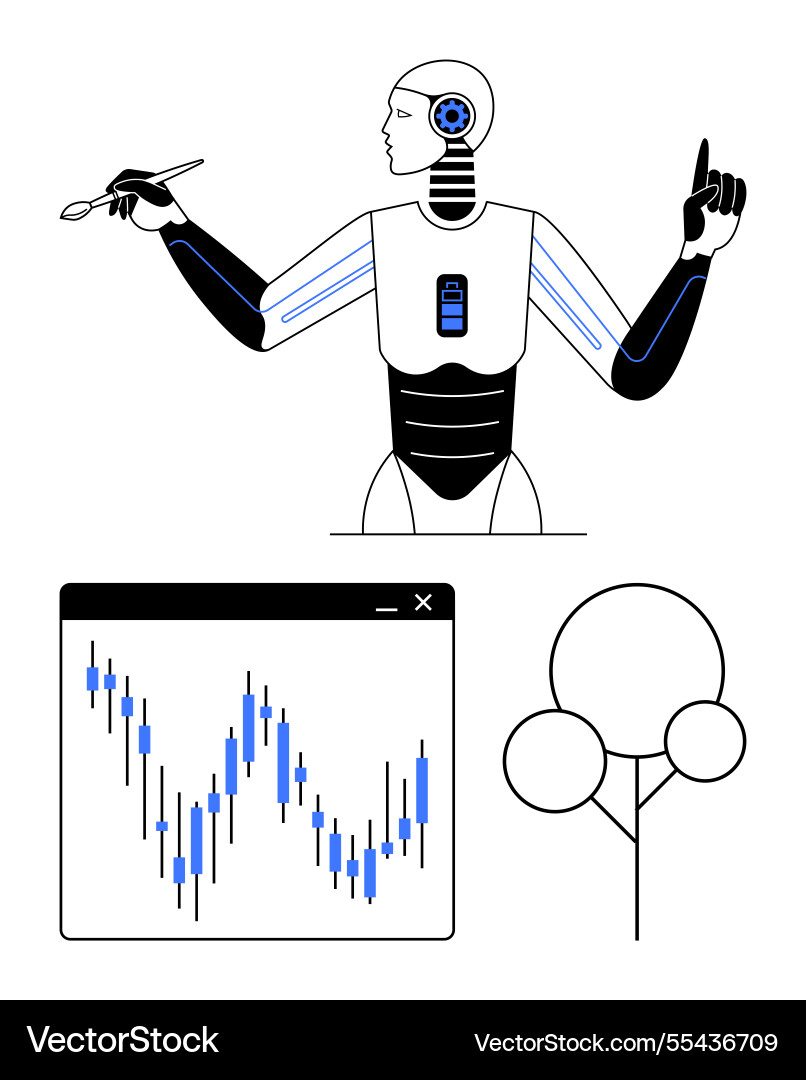 Ai robot creating art while stock market graph Vector Image Ai robot creating art while stock market graph Vector Image