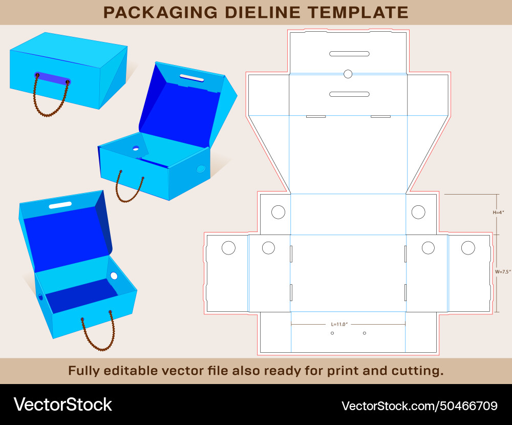 Rope handle shoe box dieline template of small Vector Image