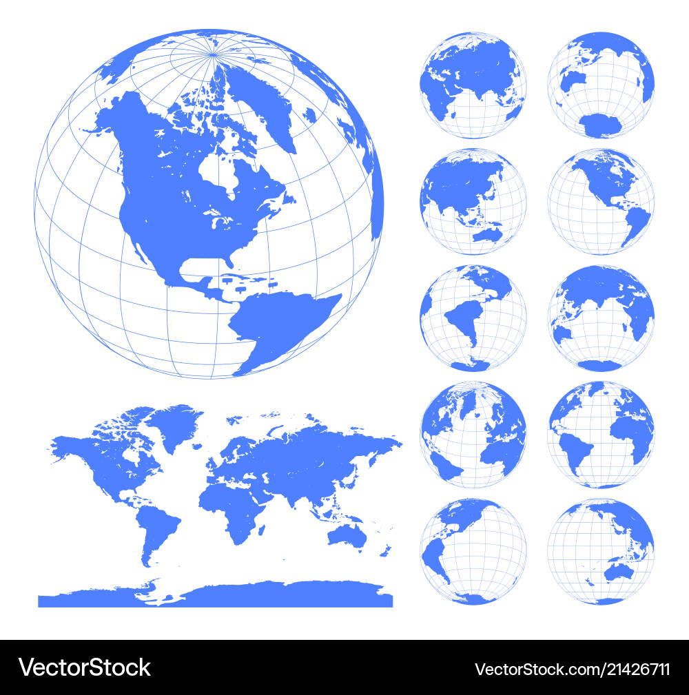 Blue earth globes set and world map Royalty Free Vector