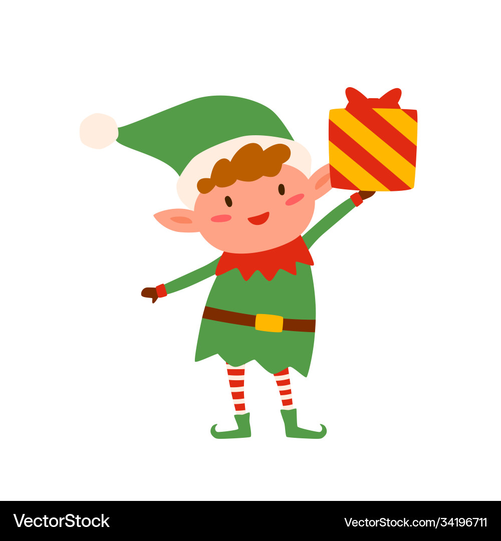 Cute christmas elf holding present decorated Vector Image