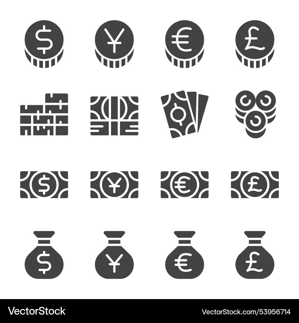 Geld und Währung solide Icon-Set Lizenzfreies Vektorbild