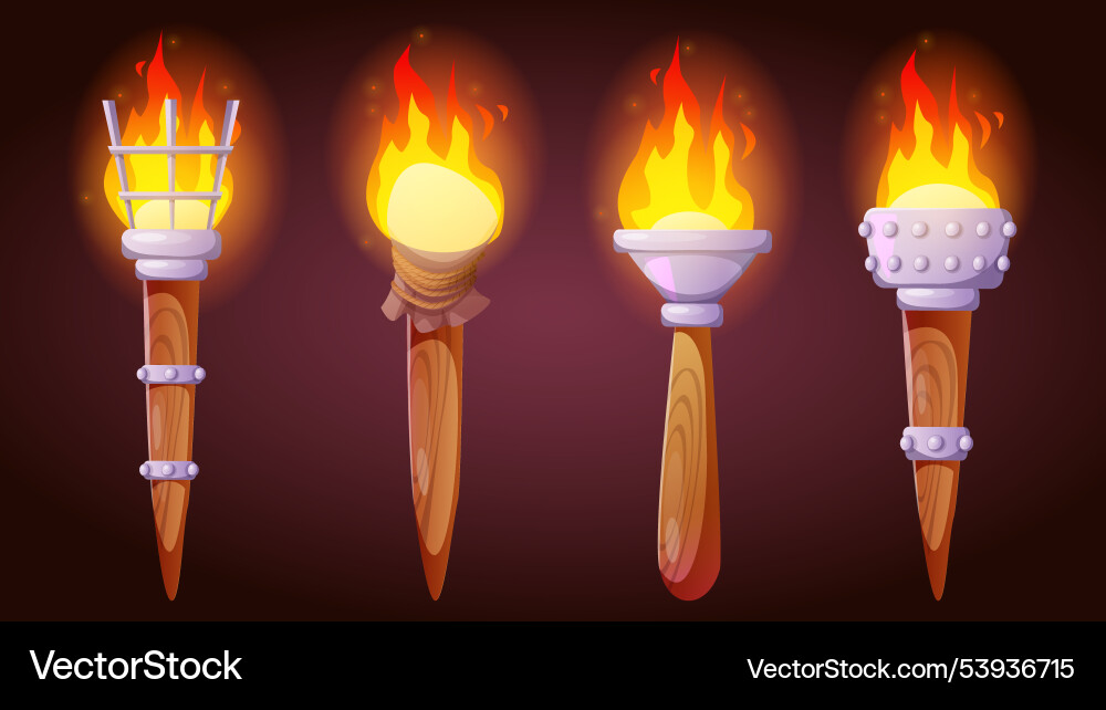 Burning fire torches set isolated on black Vector Image