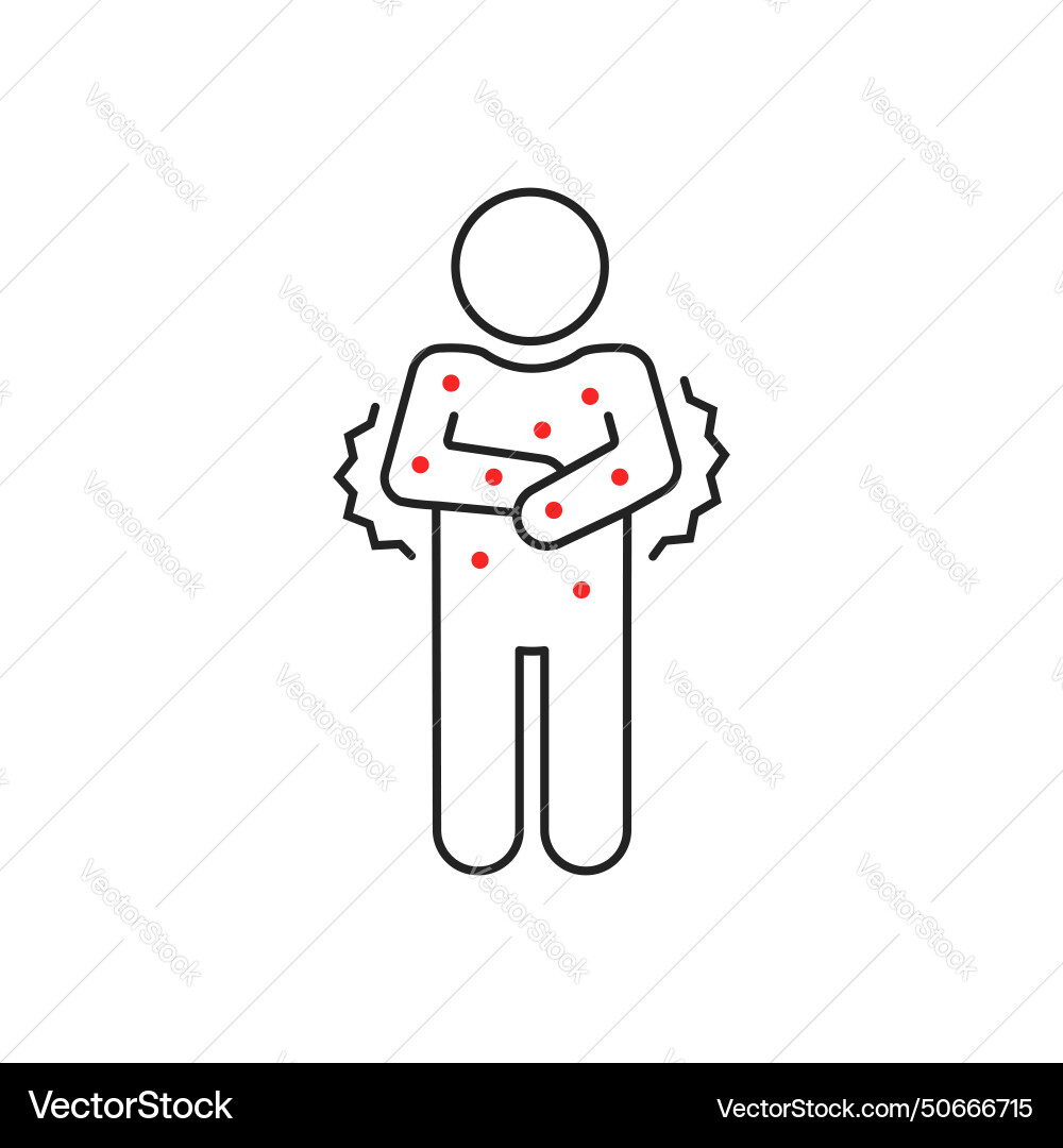 Thin line human stick figure with red rash on body