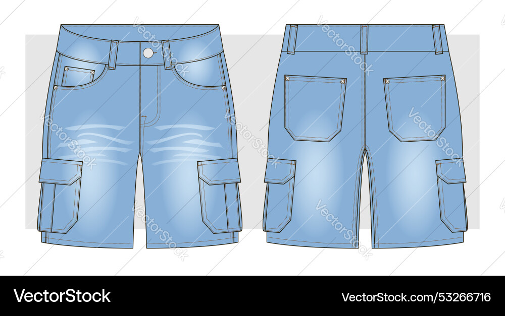 Blue denim cargo shorts with side pockets Vector Image
