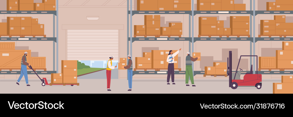People in safety clothes work at warehouse Vector Image