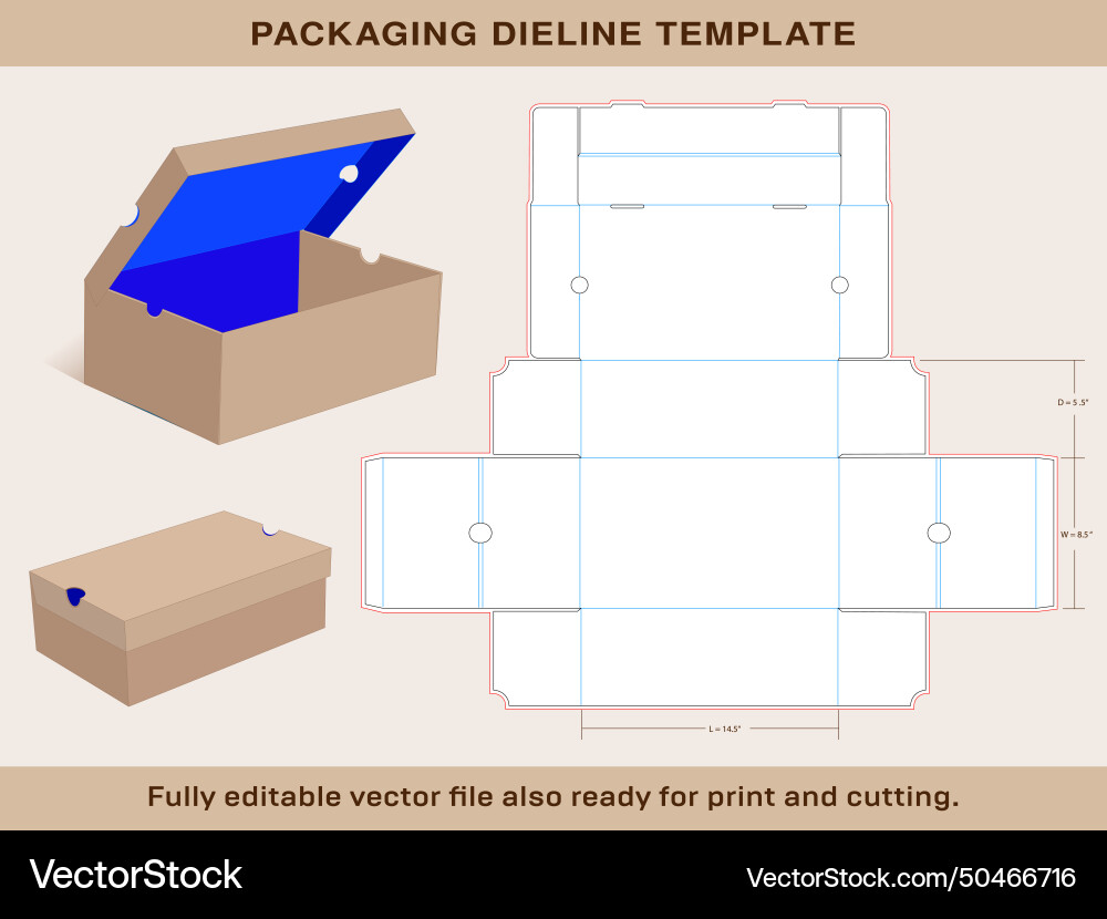 Sneaker shoe box template large size 145x85x55 Vector Image