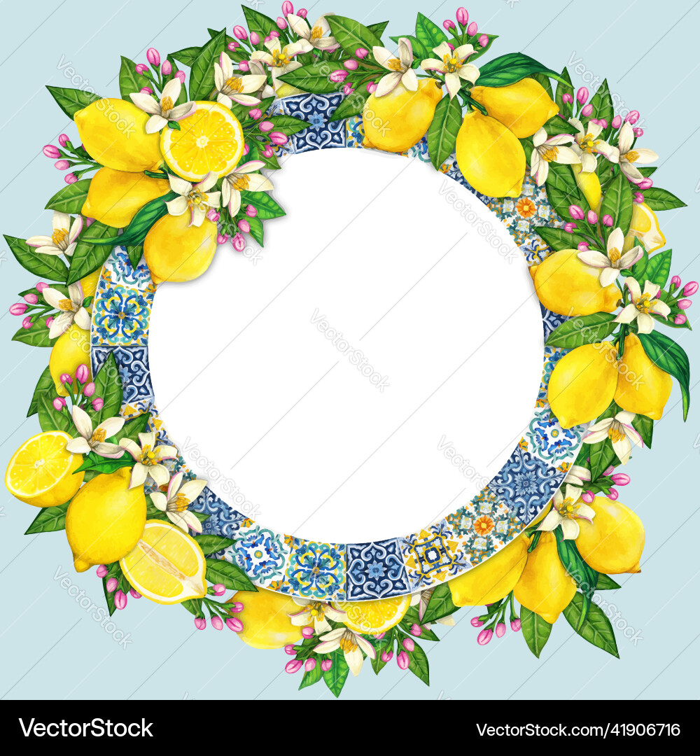 Watercolor mediterranean frame with lemons Vector Image