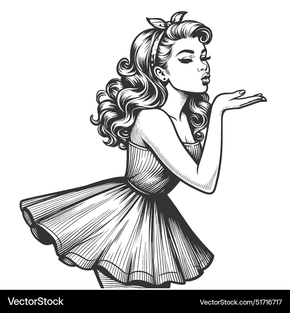 Pin-up girl blowing a kiss engraving sketch Vector Image