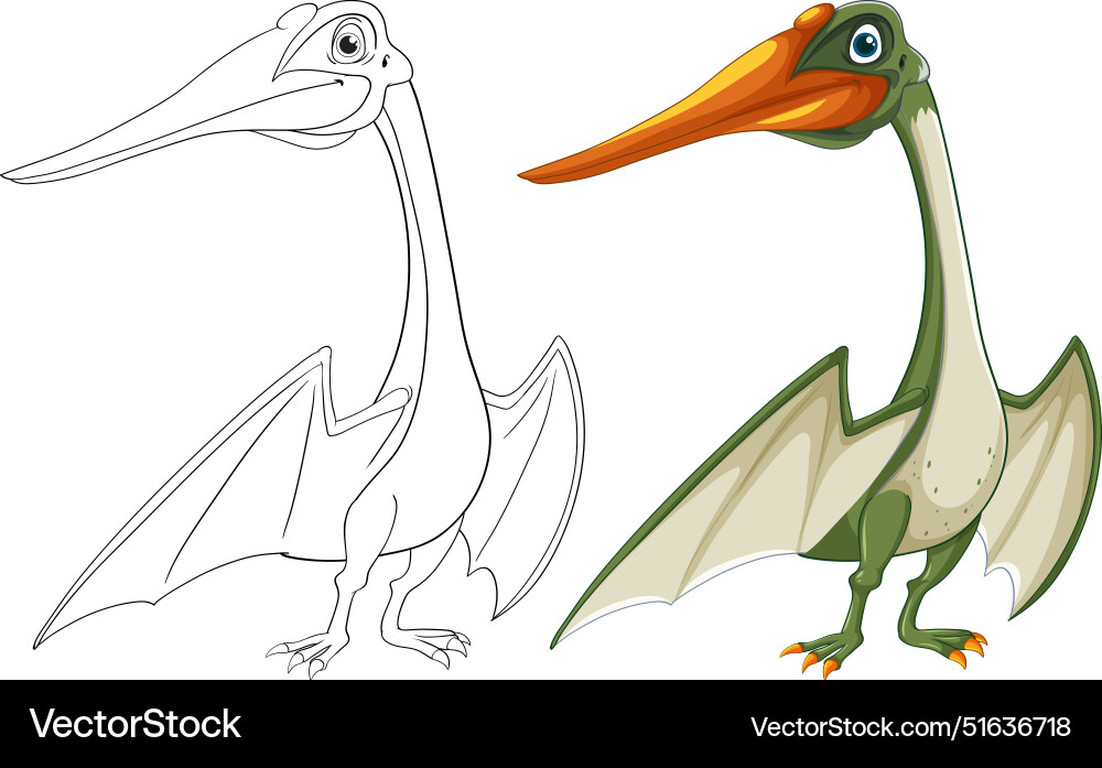 A pterosaur in color and outline Royalty Free Vector Image