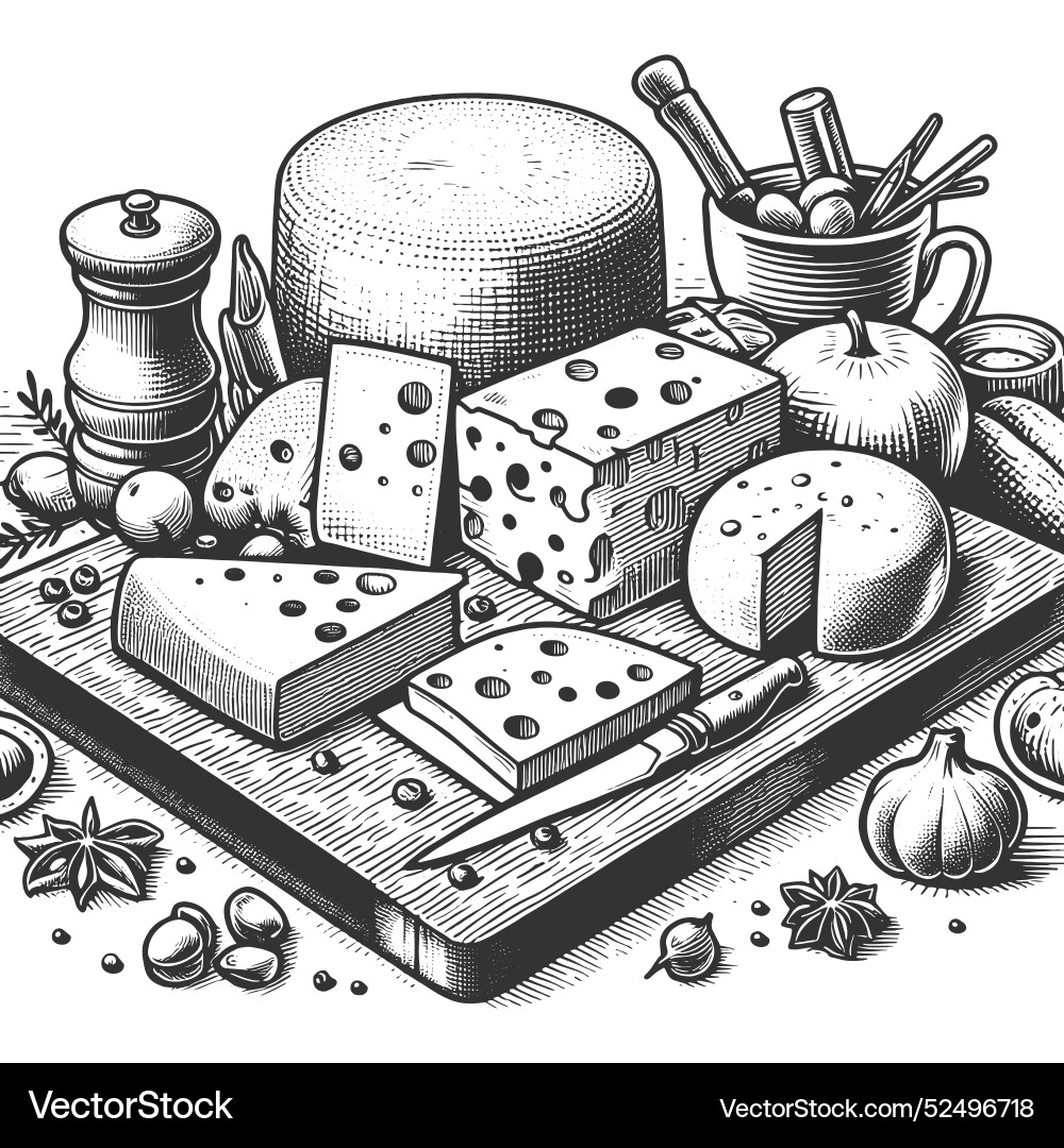 Cheese plate engraving sketch Royalty Free Vector Image