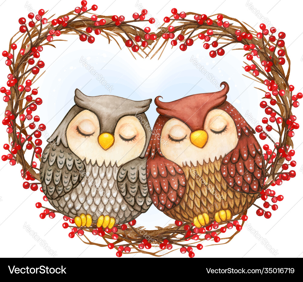 Cute Owls on Heart Wreath Royalty Free Vector Image