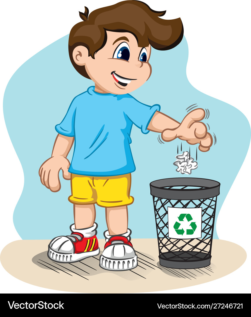 Boy throwing trash into recycling Royalty Free Vector Image
