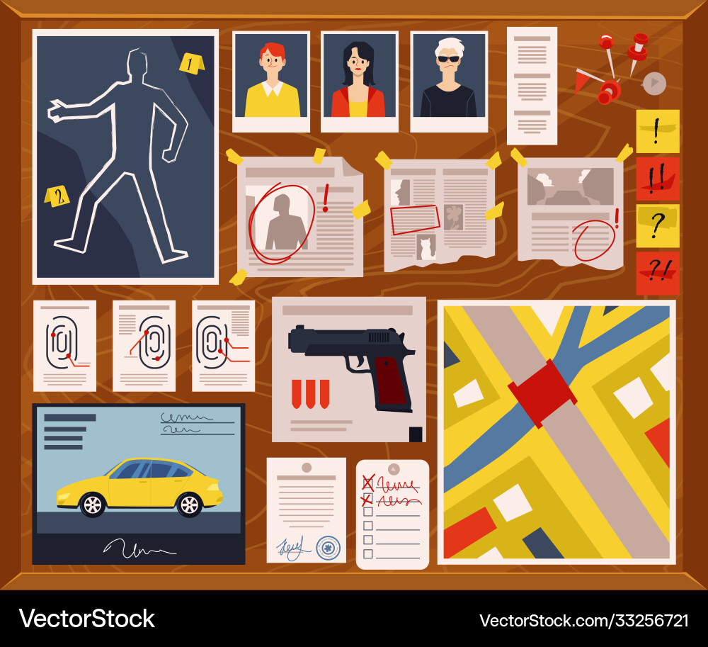 Detective crime board with murder weapon Vector Image