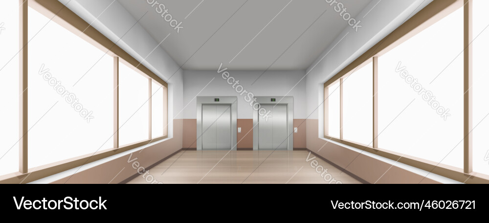 Realistic hallway with large windows elevators Vector Image