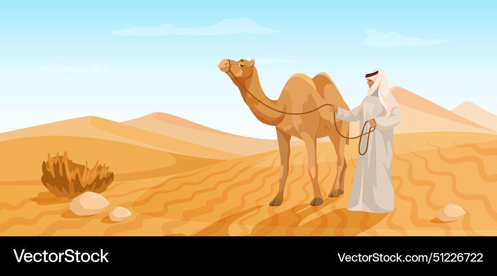 A man in traditional clothing leading camel Vector Image