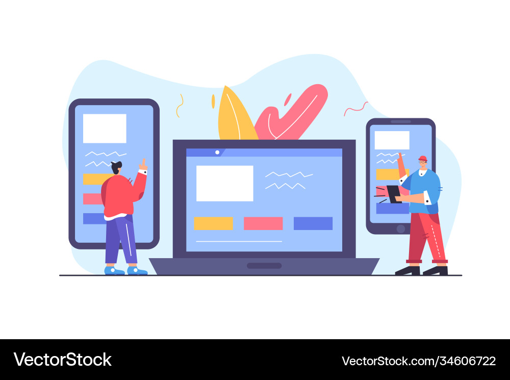 Two guys look at responsive website design Vector Image