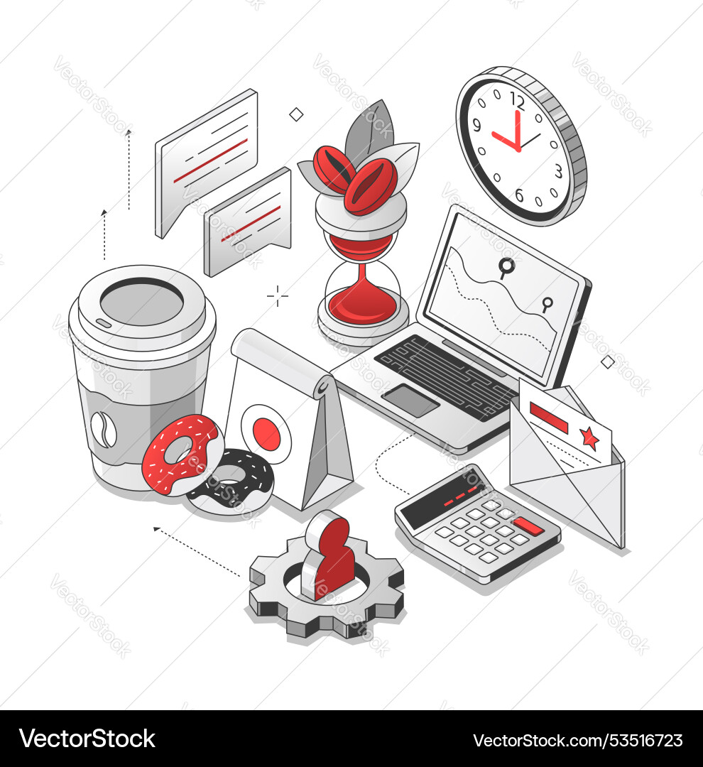 Lunch break - black and red isometric line Vector Image