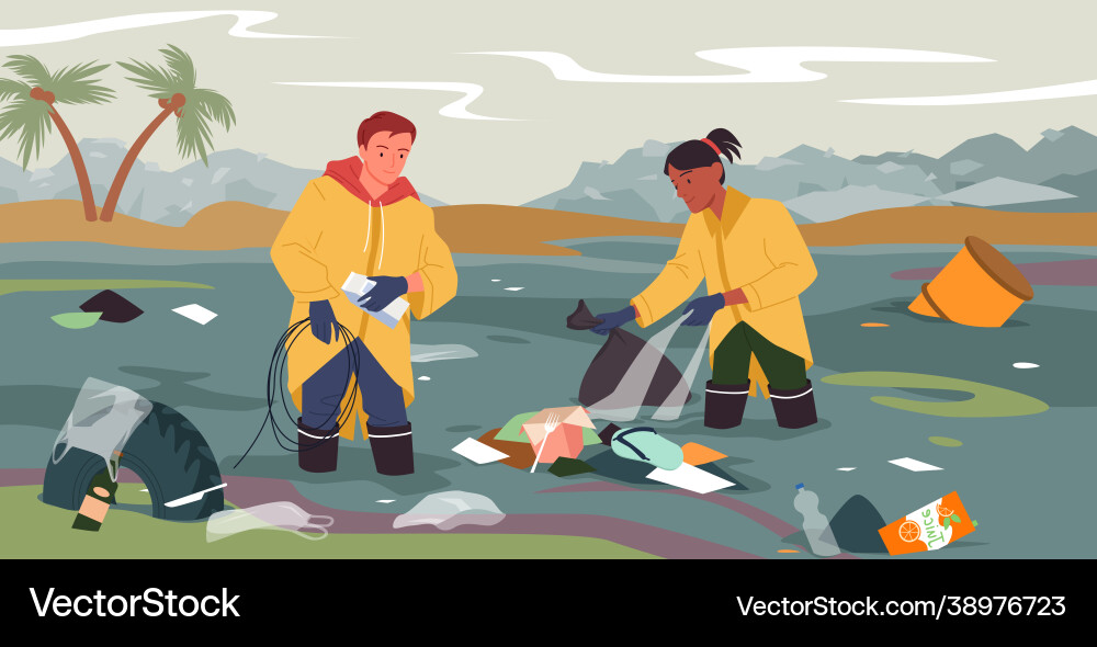 People clean dirty river from garbage polluted Vector Image