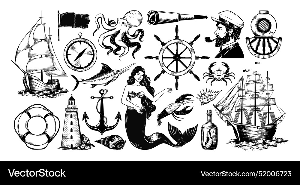 Vintage sailor ship sea elements ocean Royalty Free Vector