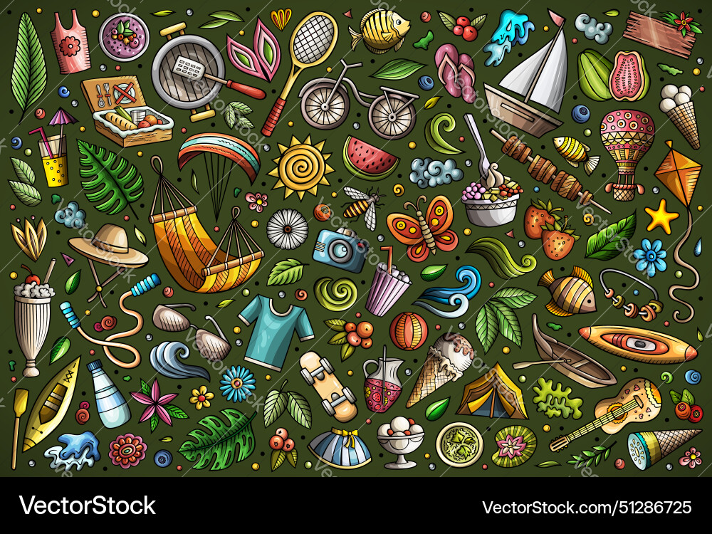 Doodle cartoon set of summer theme objects Vector Image