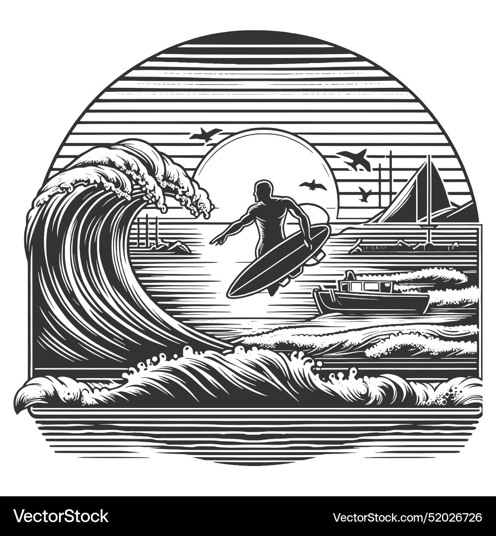 Surfer Wave Engraving - Retro Style Royalty Free Vector