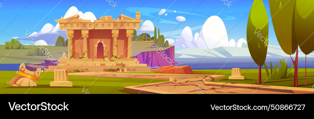 Destroyed ancient greek temple on summer landscape