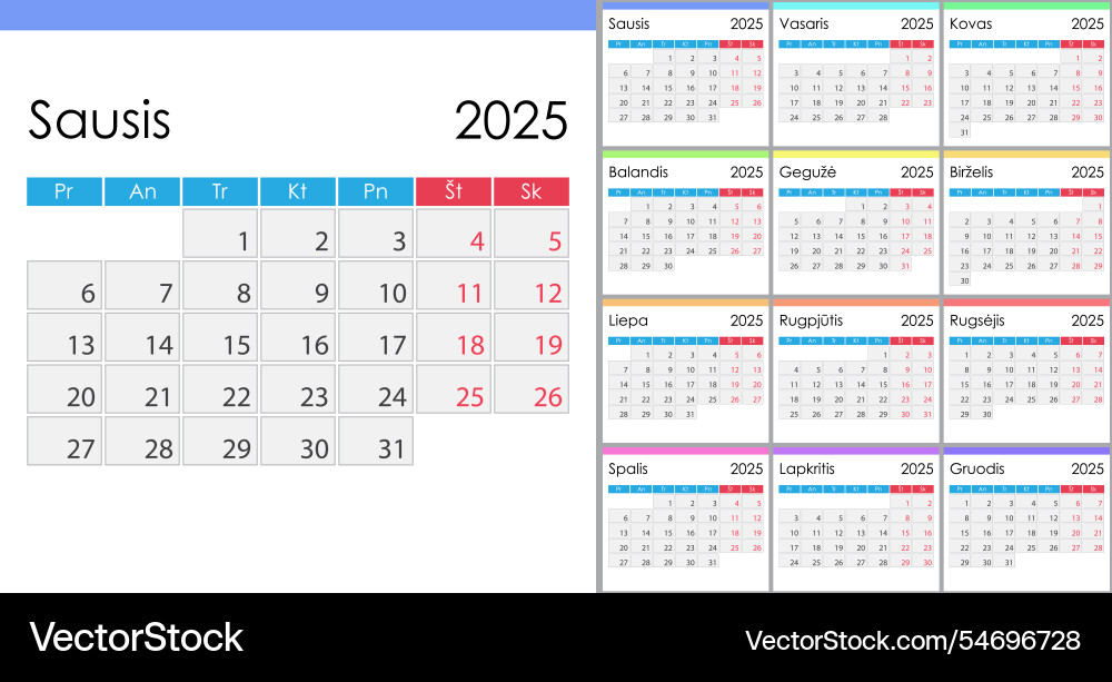 Calendar 2025 on lithuanian language week start Vector Image