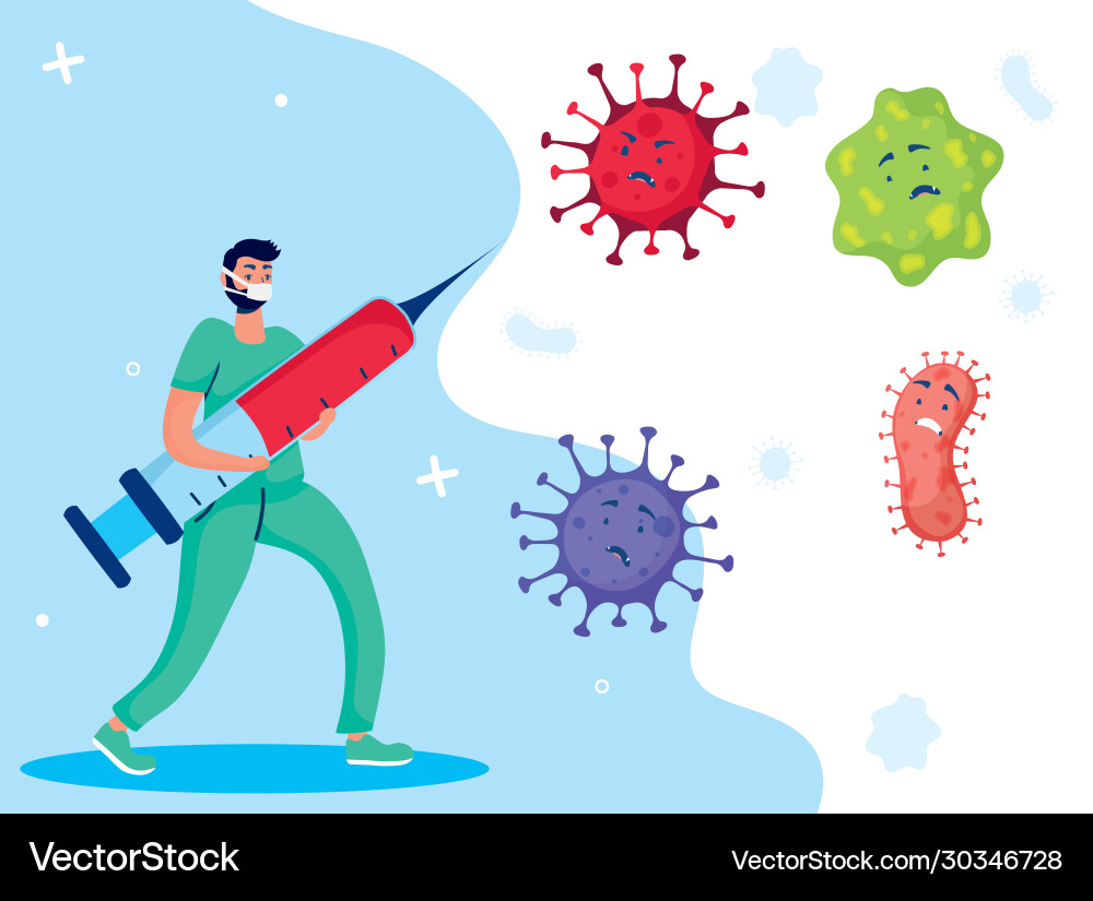 Doctor fighting virus with injection comic Vector Image