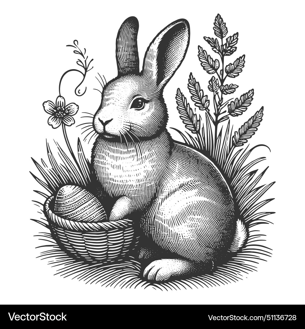 Easter rabbit with eggs flowers engraving Vector Image