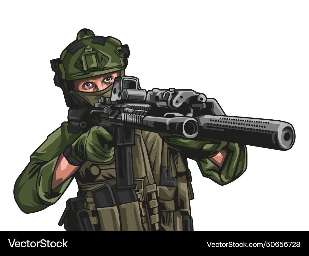 Male soldier is pointing his gun forward Vector Image