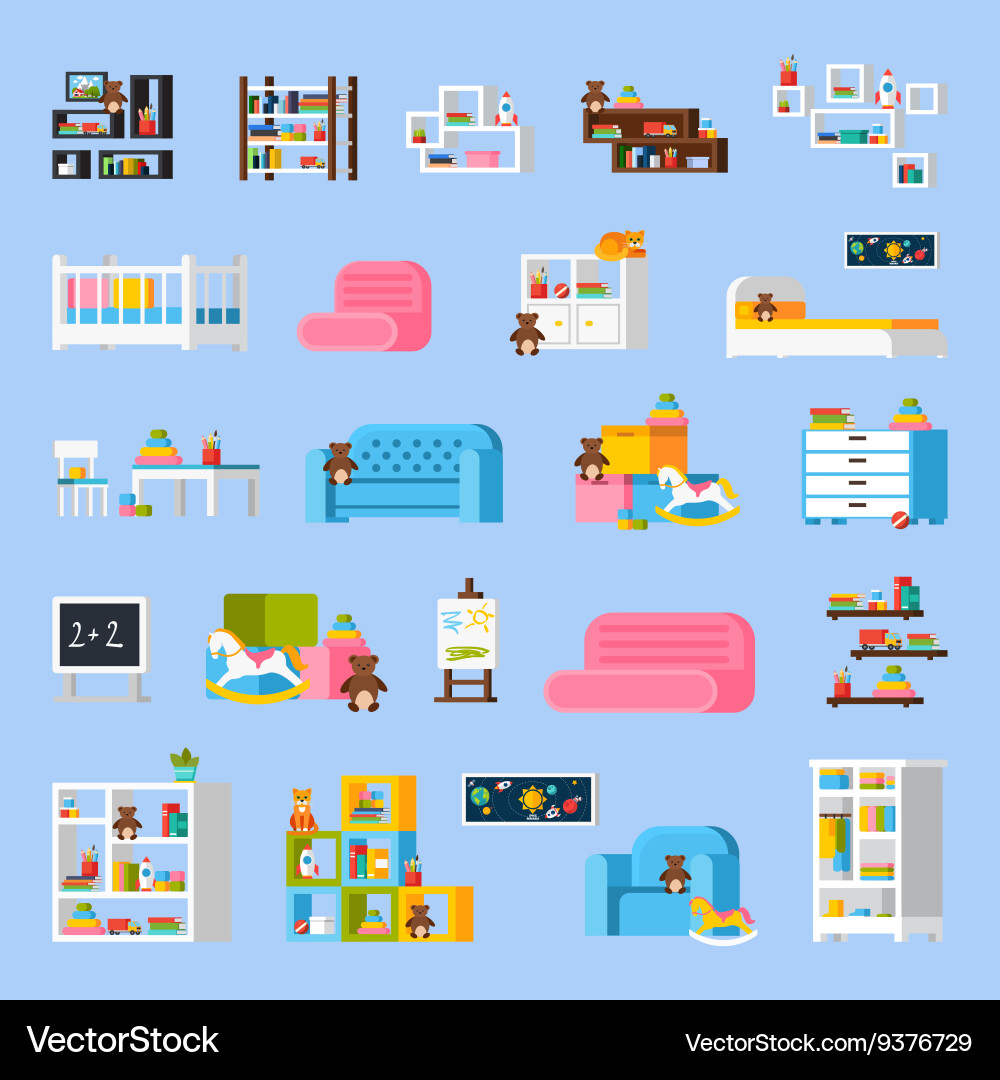 Baby room furniture flat decorative icons Vector Image
