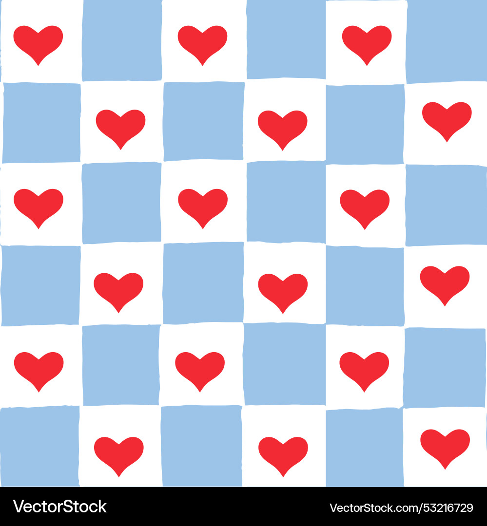 Hand drawn blue checker pattern with hearts Vector Image